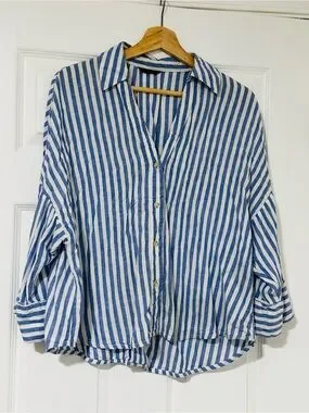 Tops | Blue And White Vertical Stripe Buttonup Shirt | Poshmark